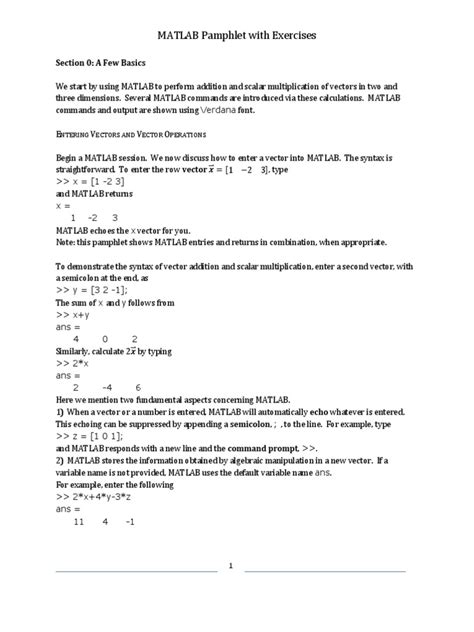 Matlab Pamphlet With Exercises Section 0 A Few Basics Pdf Matlab Matrix Mathematics