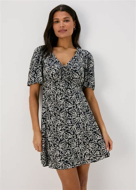 Black Tie Dye Mono Leaf Print Viscose Mini Dress Matalan