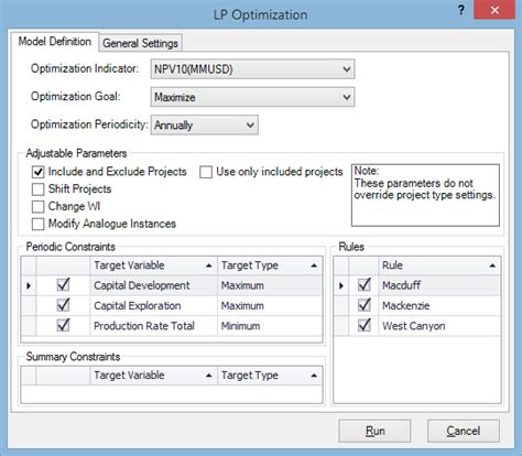 Lp Model Definition Tab