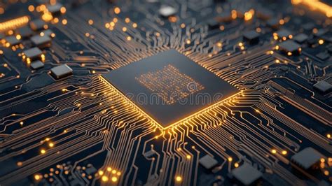 Close Up Of A Glowing Cpu Chip On A Circuit Board The Intricate Pathways Of The Board Create A
