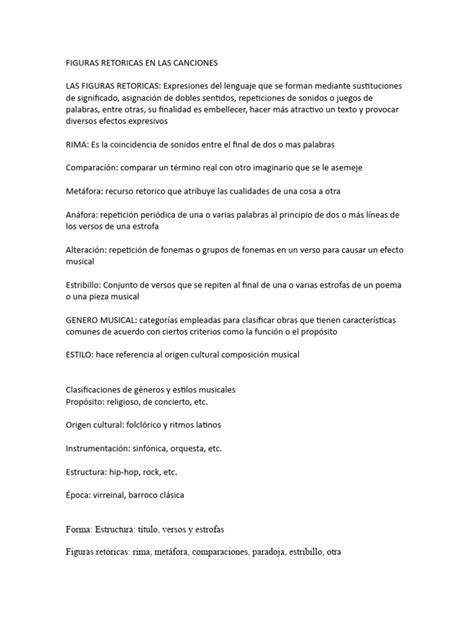 Figuras Retoricas En Las Canciones Pdf Artes Del Lenguaje Y
