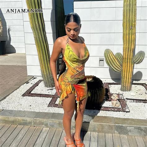 Anjamanor Asymmetrical Cut Out Cowl Neck Backless Mini Dress Print Mesh