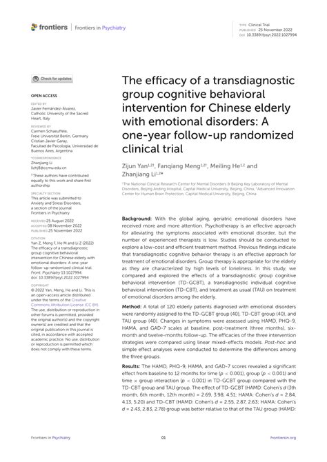 Pdf The Efficacy Of A Transdiagnostic Group Cognitive Behavioral Intervention For Chinese