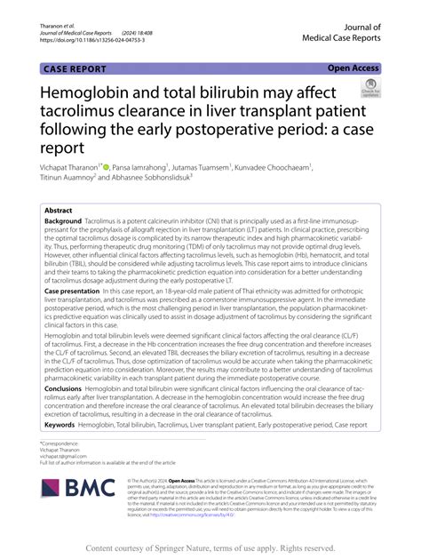 Pdf Hemoglobin And Total Bilirubin May Affect Tacrolimus Clearance In Liver Transplant Patient