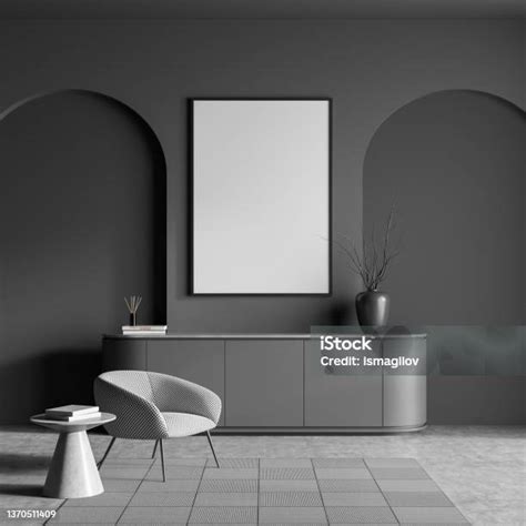 복사 공간 모형 벽 포스터빌라 거실 디자인 인테리어 가구 어두운 벽 콘크리트 바닥에 회색 캐비닛 위에 걸려 휴식의 개념 3d 렌더링 0명에 대한 스톡 사진 및 기타 이미지