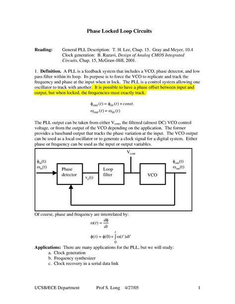 Pll Circuits Diseño De Circuitos Con Pll Phase Locked Loop Circuits Reading General Pll