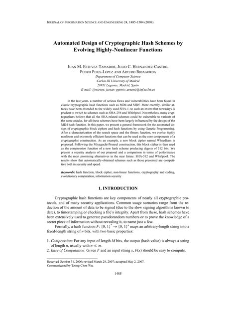 PDF Automated Design Of Cryptographic Hash Schemes By Evolving Highly Nonlinear Functions