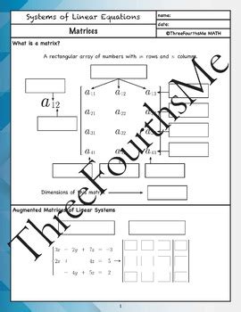 Systems Of Equations Matrices Scaffolded Notes By ThreeFourthsMe