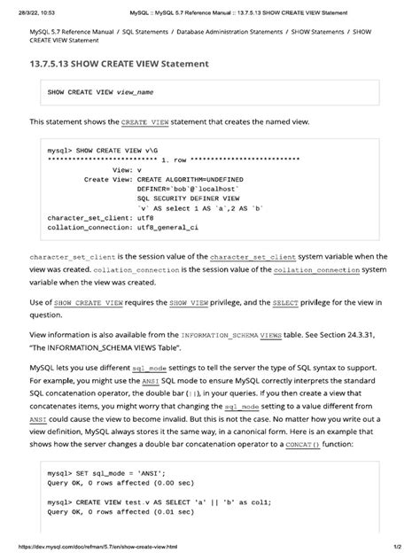 Mysql 57 Reference Manual Show View 137513 Show Create View Statement Pdf