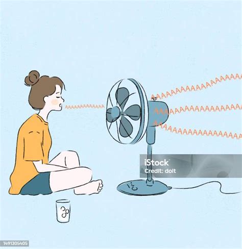 소녀는 선풍기 앞에 앉아 열을 식히고 있다 젊은 여자 만화 캐릭터입니다 더운 여름날 시원한 바람 에어컨 손으로 그린 스타일 벡터 디자인 라인 그림입니다 선풍기 전기 설비에