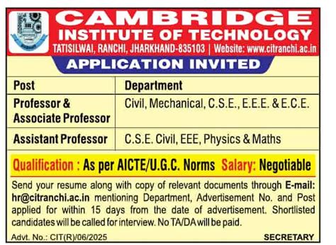 Cambridge Institute Of Technology Ranchi Professor And Assistant