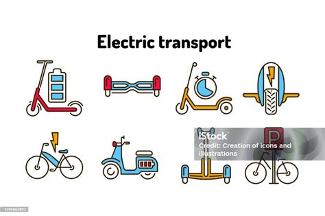 전기 운송 색상 라인 아이콘 세트 생태 차량 자전거 모노 휠 자이로 보르 자이로 스쿠터 웹 모바일 앱 프로모션을 위한 픽토그램