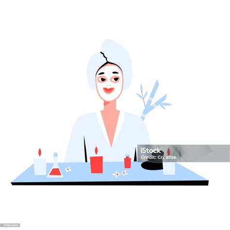 촛불과 스킨 케어 제품으로 스파 트리트먼트를 즐기는 여자 평면 벡터 일러스트 레이 션은 휴식 자기 관리 및 웰빙을 상징하며 흰색 배경에 고립되어 있습니다 가꿔주기에 대한