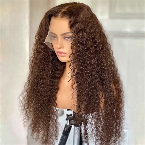 Junoda Chocolate Brown Curly Human Hair Wigs Color 4 Light Brown Chest