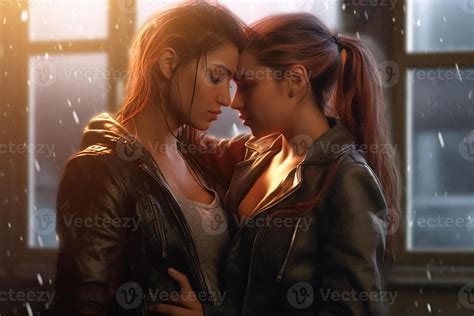 Two Young Sexy Attractive Girls Gently Hugging And Kissing Each Other