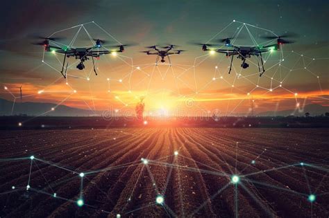 A Futuristic Image Where Drones Hover Above A Field Connected By A Web