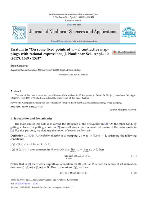 Pdf Erratum To On Some Fixed Points Of α−ψ Contractive Mappings With