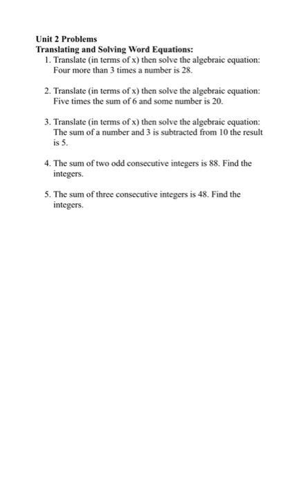 Solved Unit Problems Translating And Solving Word Chegg Com