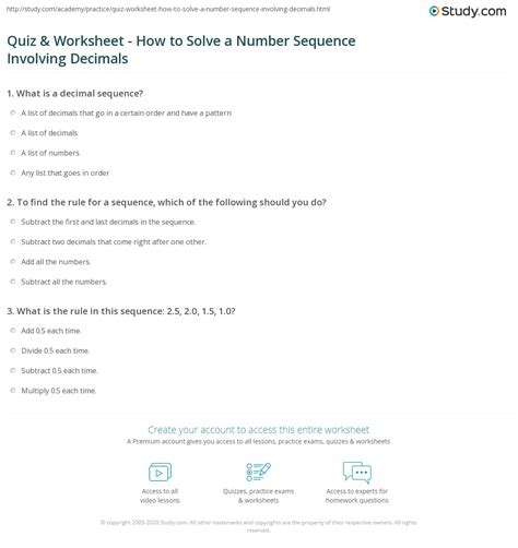 Quiz Worksheet How To Solve A Number Sequence Involving Decimals Study Com