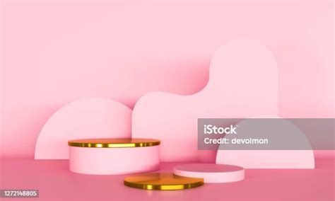 라운드 연단 받침대 또는 플랫폼 제품 프리젠 테이션을위한 화장품 배경 3d 일러스트레이션 밝은 연단 광고 장소 파스텔 핑크 블루