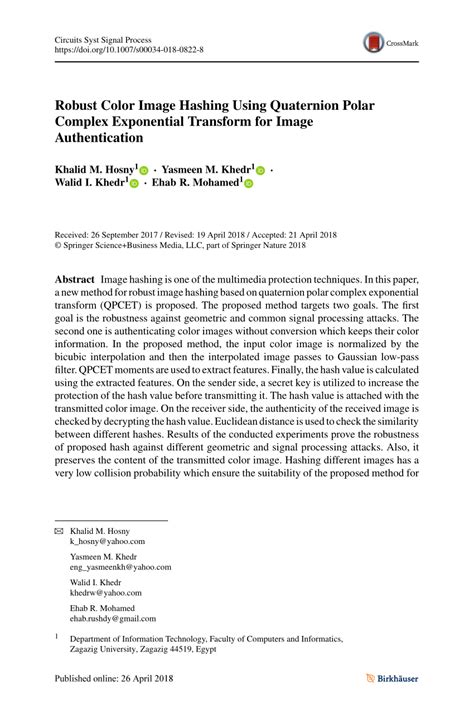 Pdf Robust Color Image Hashing Using Quaternion Polar Complex