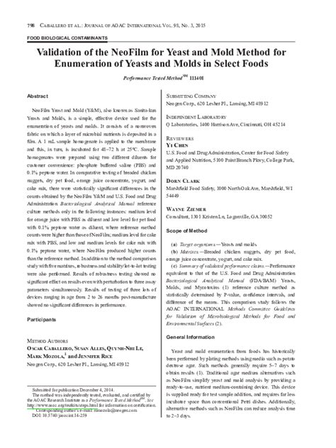 Pdf Validation Of The Neofilm For Yeast And Mold Method For Enumeration Of Yeasts And Molds In