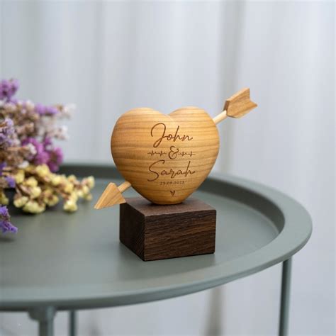 Personalized Wooden Heart Keepsake Heartbeat Design With Names And Date