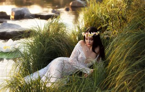 Wallpaper Girl Nature Pose River Figure Beautiful Wreath Irina