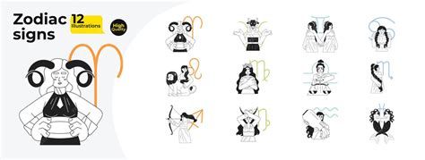 조디악 표지판 단색 개념 ⁇ 터 스 ⁇ 일러스트레이션 ⁇ 트 여성 호로스코프 기호 웹 Ui 디자인을위한 2d 평평한 Bw 만화 캐릭터 별학 고립 편집 가능한 손으로 그린