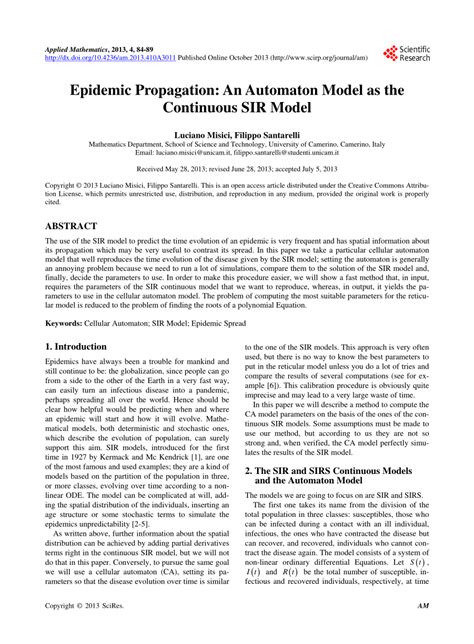 Pdf Epidemic Propagation An Automaton Model As The Continuous Sir Model