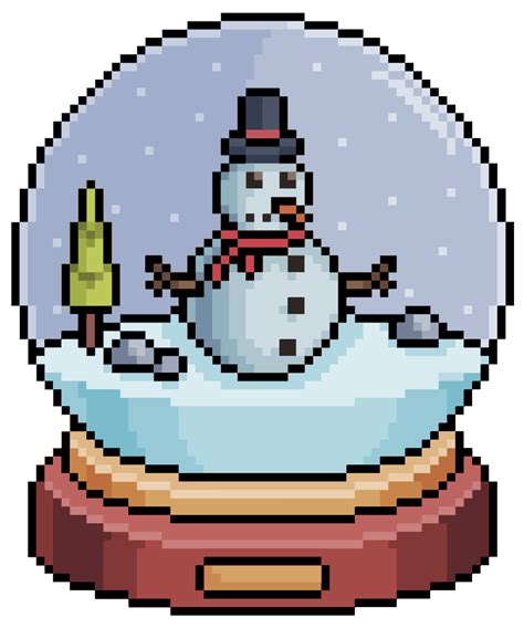 Pixel Art Christmas Snow Globe With Snowman And Pine Trees 8bit Vector On White Background