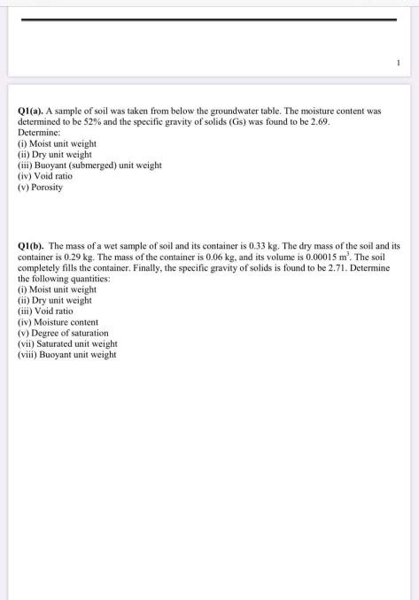 Solved Q1 A A Sample Of Soil Was Taken From Below The Chegg Com
