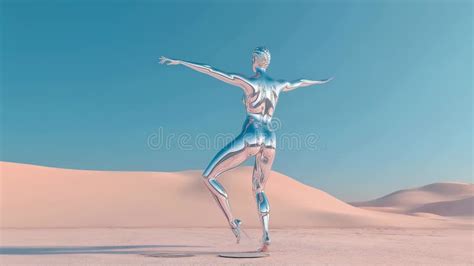 Futuristic Chrome Statue Of A Woman Posing And Dancing In Colorful