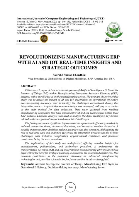 Pdf Revolutionizing Manufacturing Erp With Ai And Iot Real Time Insights And Strategic Outcomes