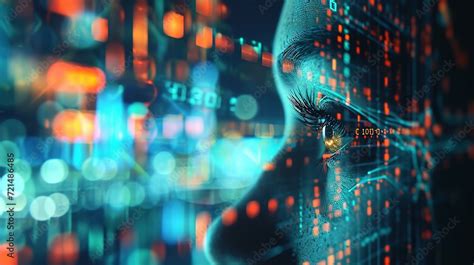 Cyber Security And Data Protection Concept Female Eye With Binary Code And Blurry City Lights