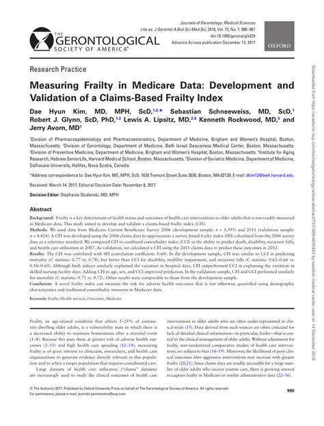 Pdf Measuring Frailty In Medicare Data Development And Validation Of