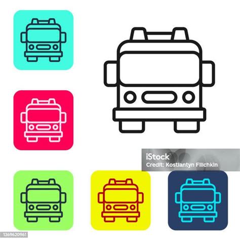 흰색 배경에 격리 된 검은 줄 소방 트럭 아이콘 소방차 소방관 비상 차량 색상 정사각형 단추로 아이콘을 설정합니다 벡터 검은색에 대한 스톡 벡터 아트 및 기타 이미지