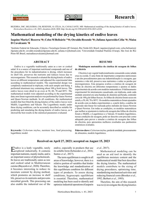 Pdf Mathematical Modeling Of The Drying Kinetics Of Endive Leaves