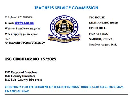 TSC Circular Guide For Recruiting Junior Senior Intern Teachers