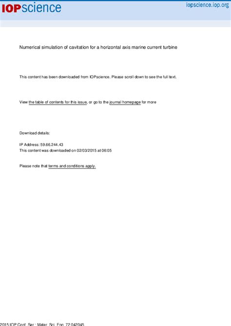 Pdf Numerical Simulation Of Cavitation For A Horizontal Axis Marine Current Turbine Numerical