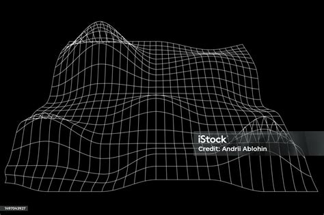그리드 원근 변형 검은색 배경에 흰색 지형 와이어프레임 릴리프 메쉬 구조 왜곡 된 격자 표면 벡터 그래픽 그림 3차원 형태에 대한 스톡 벡터 아트 및 기타 이미지 Istock