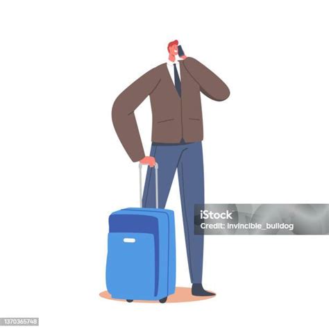 공항 터미널 지역에서 출발을 기다리는 손에 스마트 폰을 들고 수하물과 미소 젊은 남성 캐릭터 Brand Name Smart Phone에 대한 스톡 벡터 아트 및 기타 이미지