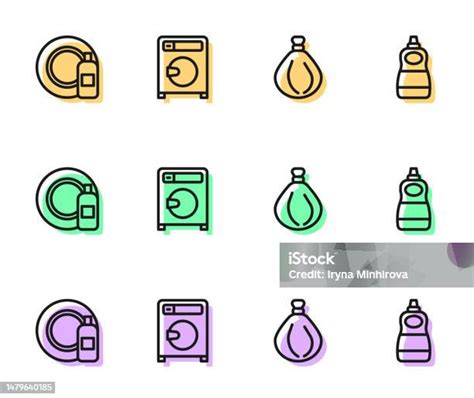 세트 라인 쓰레기 봉투 식기 세척 병 및 접시 세탁기 및 액체 아이콘 벡터 가방에 대한 스톡 벡터 아트 및 기타 이미지 가방 가사 집안일 가정 생활 Istock