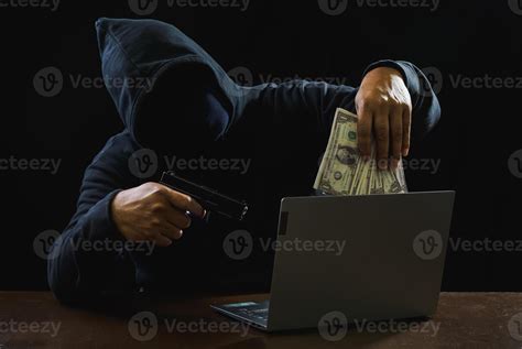Hacker Spy Man One Person Black Hoodie Sitting Hand Holding Credit Card Look Computer Laptop