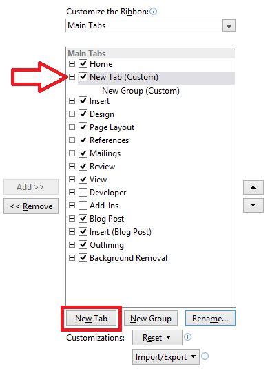 word customize the ribbon and create a custom tab