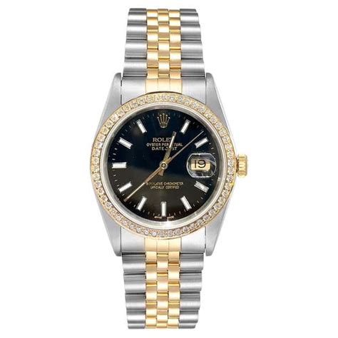 Rolex Datejust 36mm Black Dial 18k Yellow Gold Custom Diamond Bezel