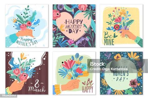 발렌타인 데이 꽃다발 어머니의 날 휴일 선물 꽃 다발 손 들고 꽃다발 행복한 하루 로맨틱 인사말 벡터 카드 꽃 식물에 대한 스톡