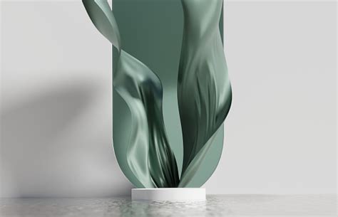 3d 디스플레이 연단 받침대가있는 흰색 배경 및 비행 녹색 실크 천 커튼 자연의 바람과 물 아름다움 화장품 프리젠 테이션 스탠드 럭셔리 여성 배너 템플릿 3d 렌더링 광고
