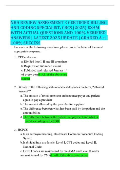 Nha Review Assessment 3 Certified Billing And Coding Specialist Cbcs