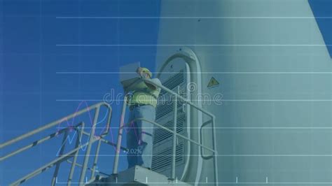Animation Of Wind Turbine Male Engineer And Financial Data Processing Stock Footage Video Of